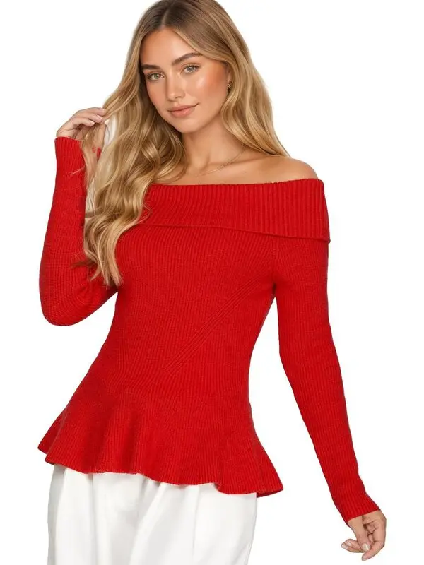 KNIT & LOUNGE Off-shoulder Ribbed Knit Top - Red
