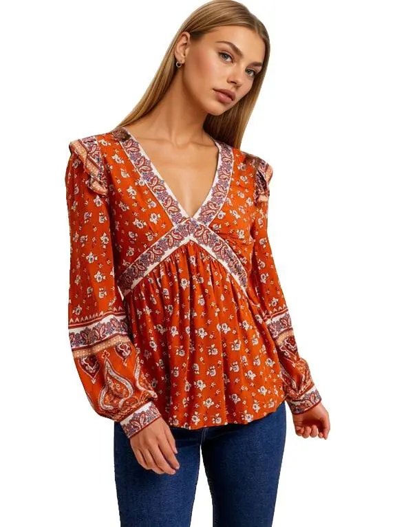 KNIT & LOUNGE Floral Print Contrast Trim V-neck Blouse - Orange Floral