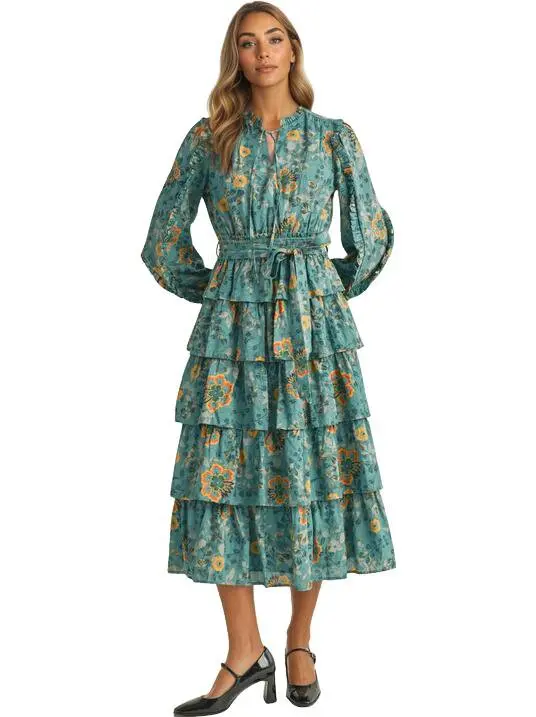 KNIT & LOUNGE Tiered Ruffle Midi Dress With Belted Waist - Floral Green