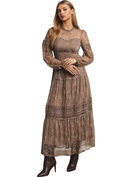 KNIT & LOUNGE Lace Maxi Dress With Tiered Skirt - Mocha