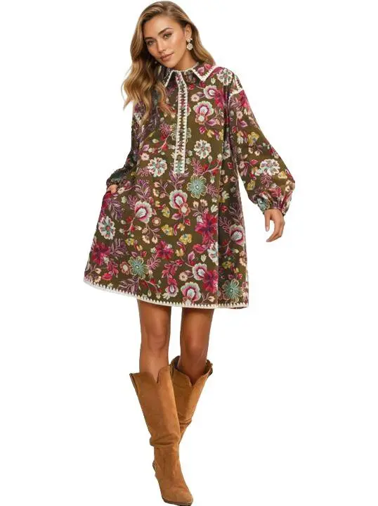 KNIT & LOUNGE Floral Embroidered Mini Dress - Olive Floral