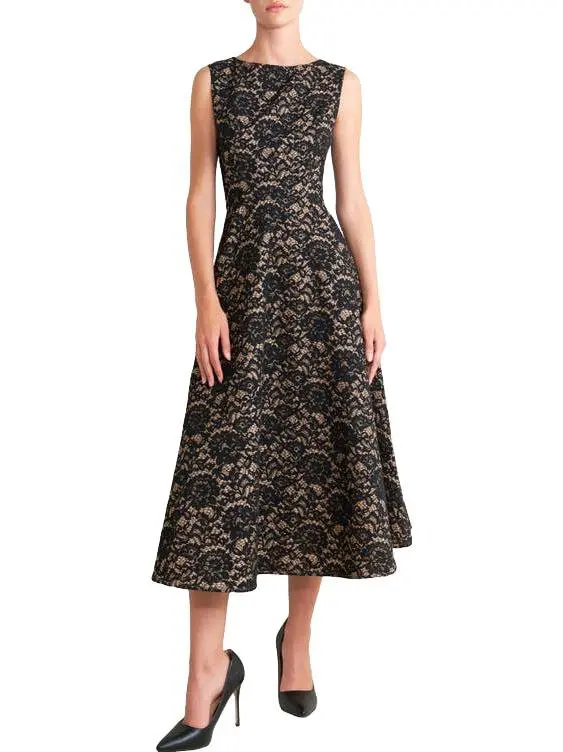 FREEMARKET Sleeveless Fit & Flare Midi Dress With Lace - Black/camel