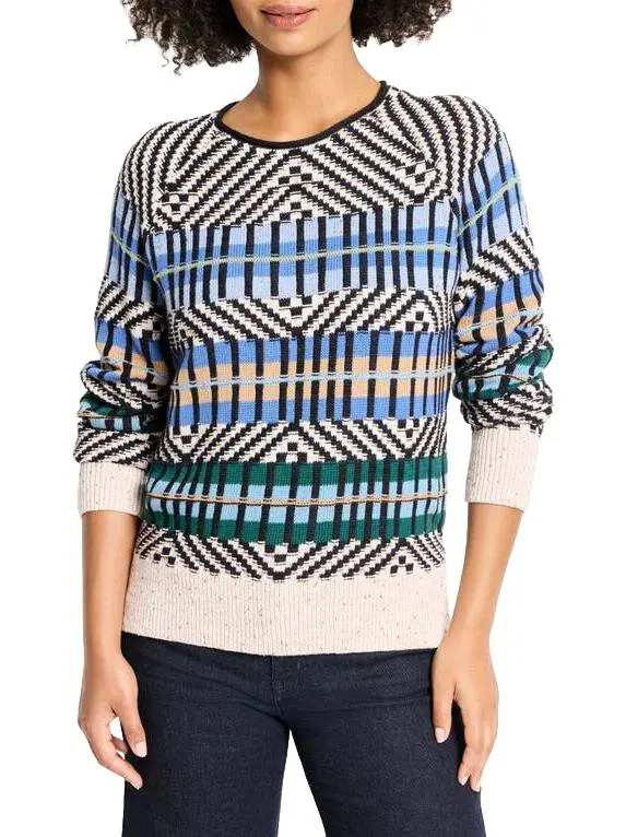 NIC+ZOE Graphic Stripe Cotton Blend Sweater - Blue Multi