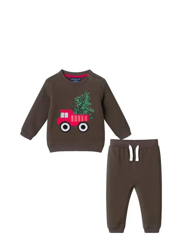 Andy & Evan Christmas Truck Appliqué Sweatshirt & Joggers Set - Grey Truck