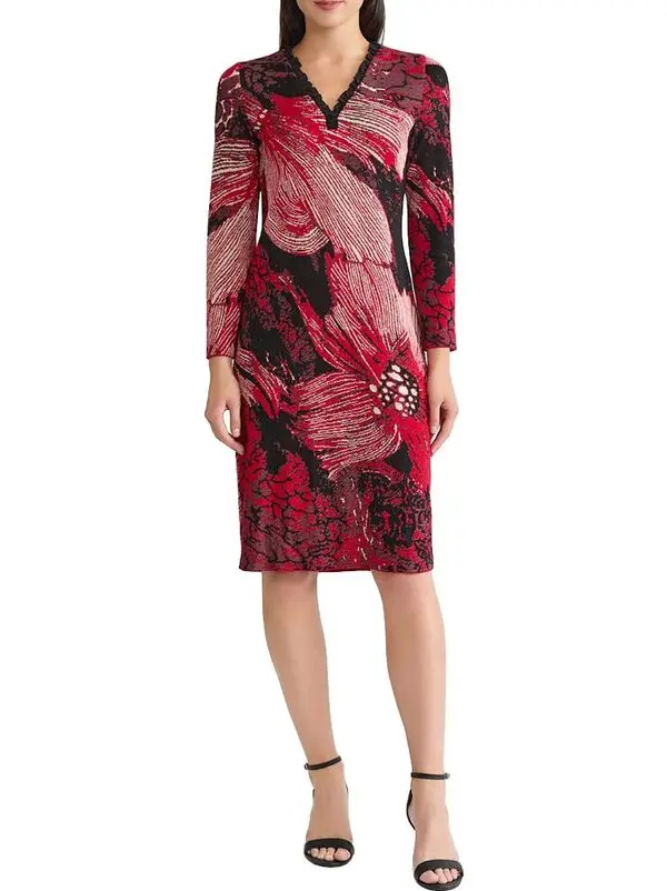 Ming Wang Floral Jacquard Ruffle Trim Long Sleeve Dress - Holiday/twig/black