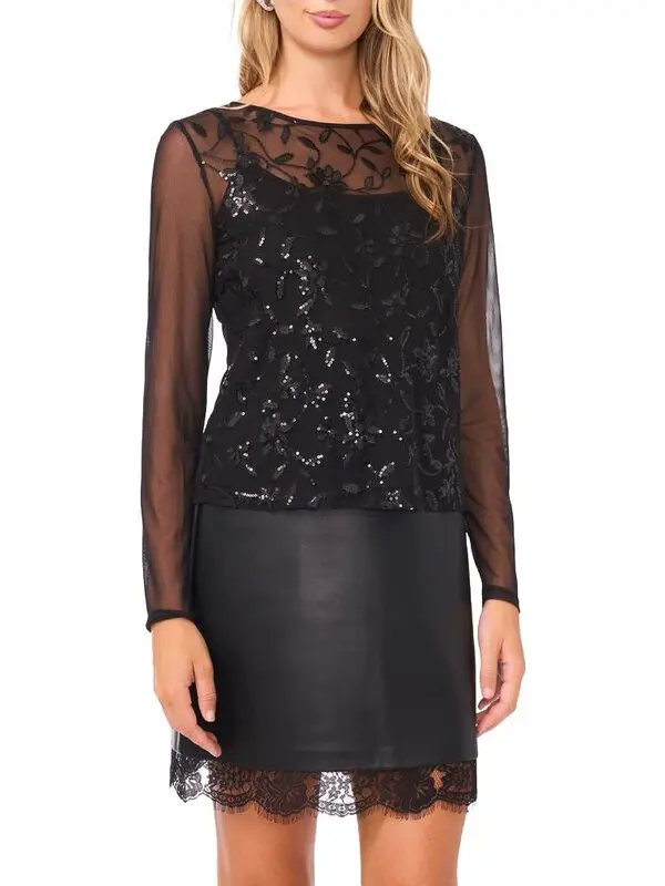 Vince Camuto Sequin Floral Appliqué Mesh Long Sleeve Shirt - Rich Black