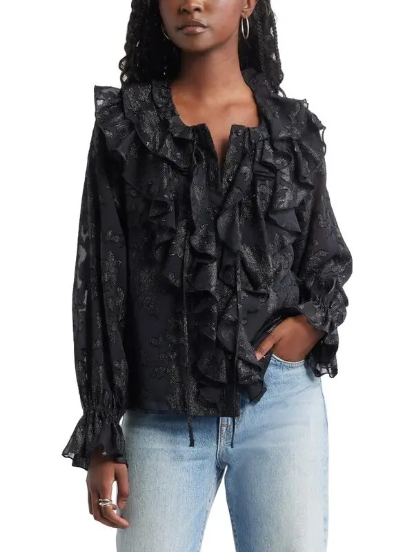 Treasure & Bond Ruffle Neck Chiffon Top - Black