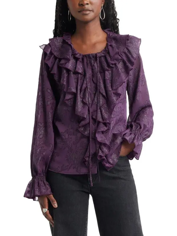 Treasure & Bond Ruffle Neck Chiffon Top - Purple Bramble