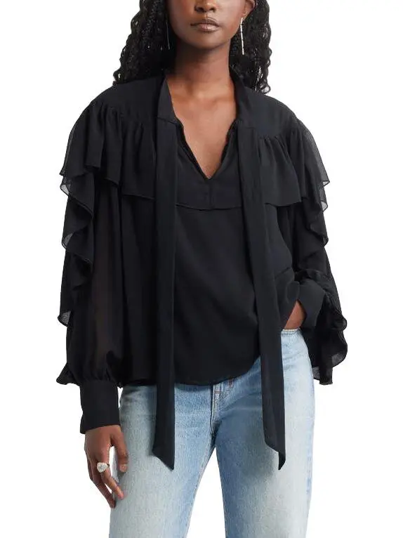 Treasure & Bond Tie Neck Ruffle Chiffon Top - Black