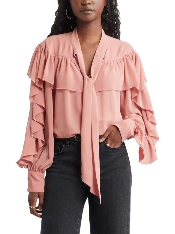 Treasure & Bond Tie Neck Ruffle Chiffon Top - Pink Desert