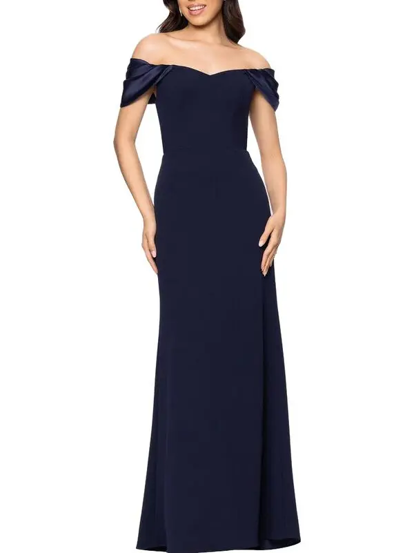 BLONDIE NITES Off-the-shoulder Scuba Knit & Crepe Mermaid Gown - Navy