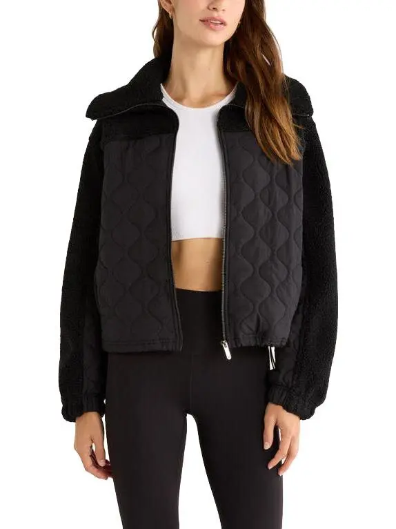 Zella Faux Shearling & Quilted Nylon Hybrid Jacket - Black