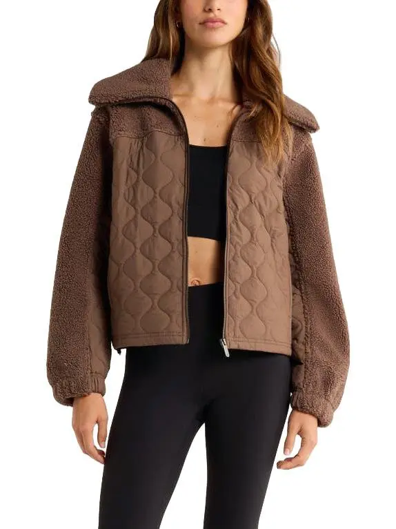 Zella Faux Shearling & Quilted Nylon Hybrid Jacket - Brown Quartz