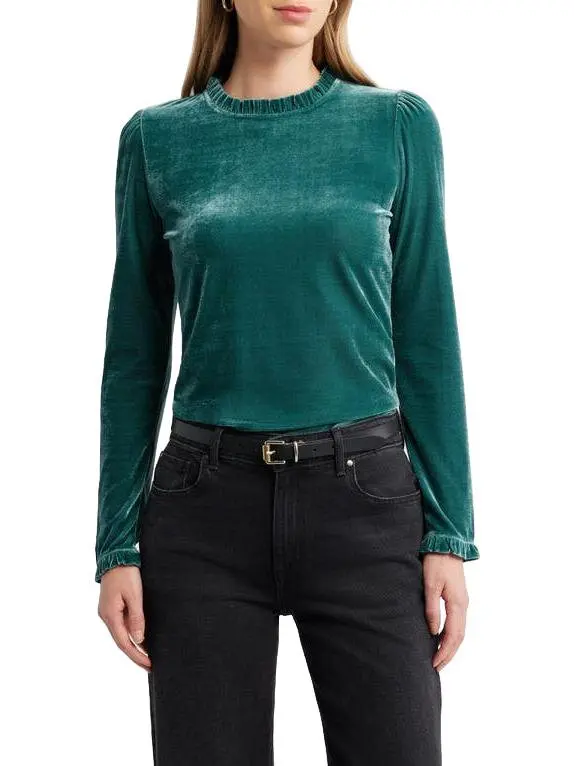 Caslon Velour Ruffle Neck Top - Green Ponderosa