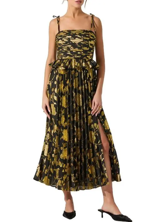 Astr The Label Emerys Metallic Floral Pleated Midi Dress - Black Gold