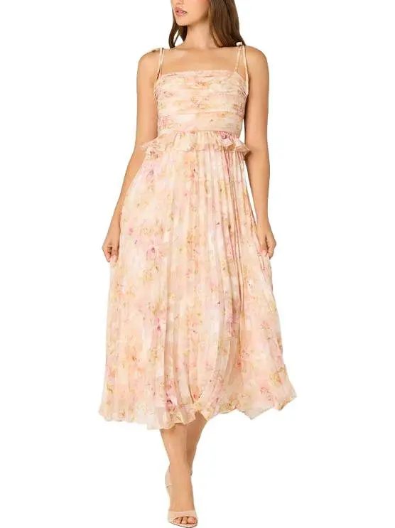 Astr The Label Emerys Metallic Floral Pleated Midi Dress - Pink Floral