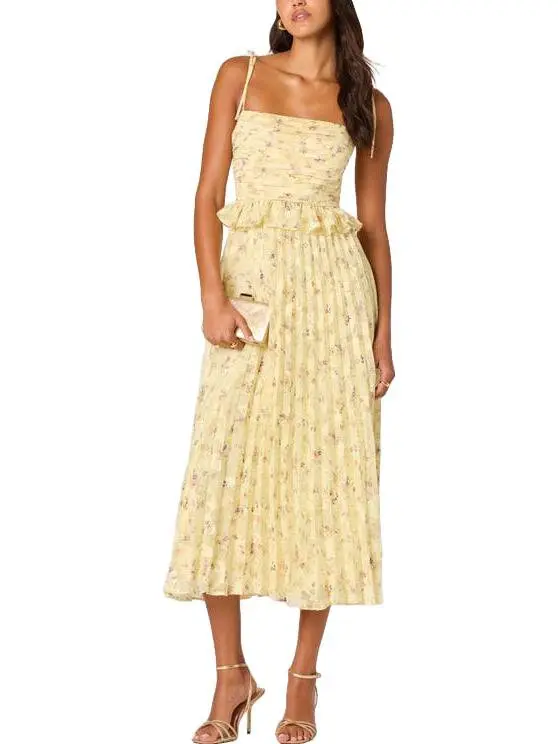 Astr The Label Emerys Metallic Floral Pleated Midi Dress - Yellow Floral