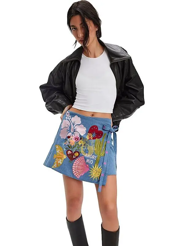 DENIM AND BONE Amore Mio Embroidered Denim Wrap Skirt - Light Indigo
