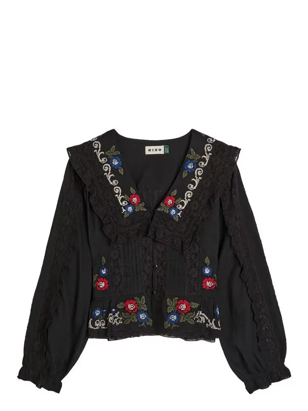 Rixo Maribelle Floral-embroidered Cotton Blouse - Black