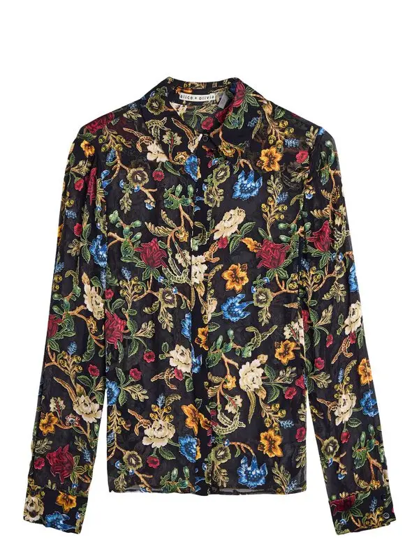 Alice + Olivia Floral-devoré Chiffon Shirt - Black