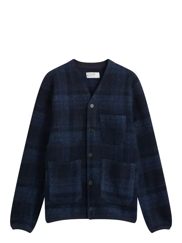 Universal Works Moh Check Fleece Cardigan - Navy