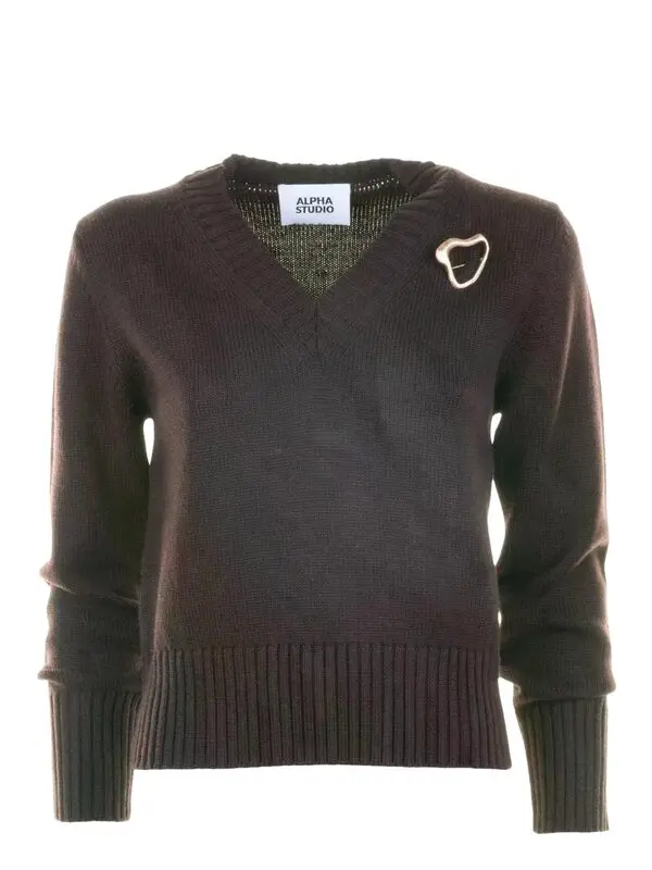 Alpha Studio V-neck Sweater With Brooch - Brown