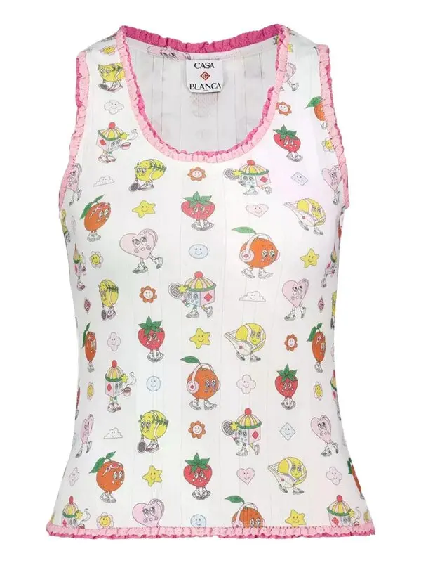 Casablanca Printed Tank Top With Frill Trim - White