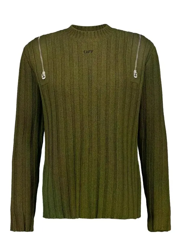Off-White Ribbed Knit Jumper With Zip Detail - Green