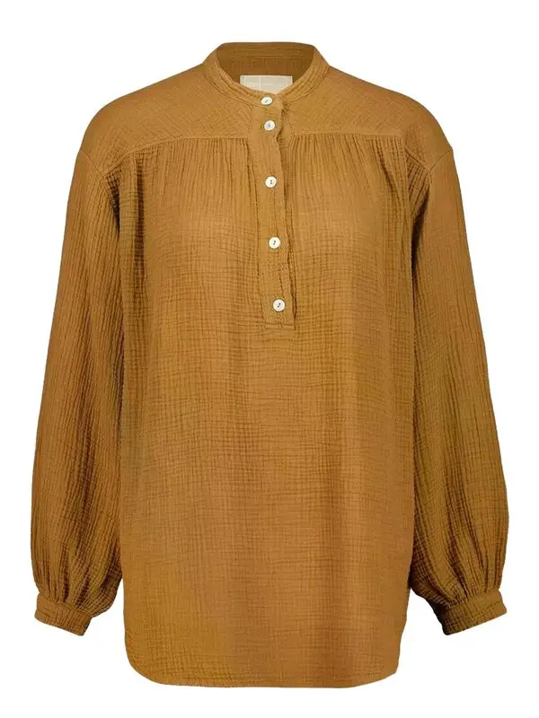 120% Lino Button Long-sleeve Blouse - Brown