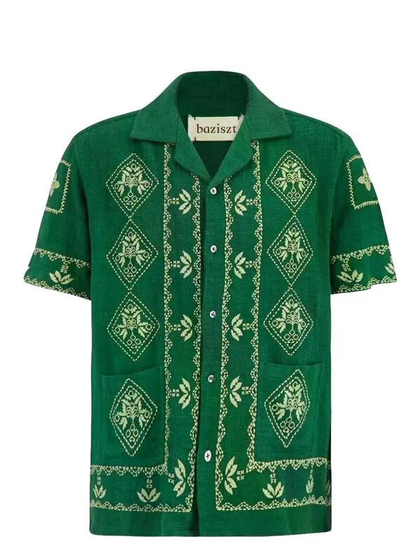 BAZISZT Mexican Button-down Embroidered Shirt - Green