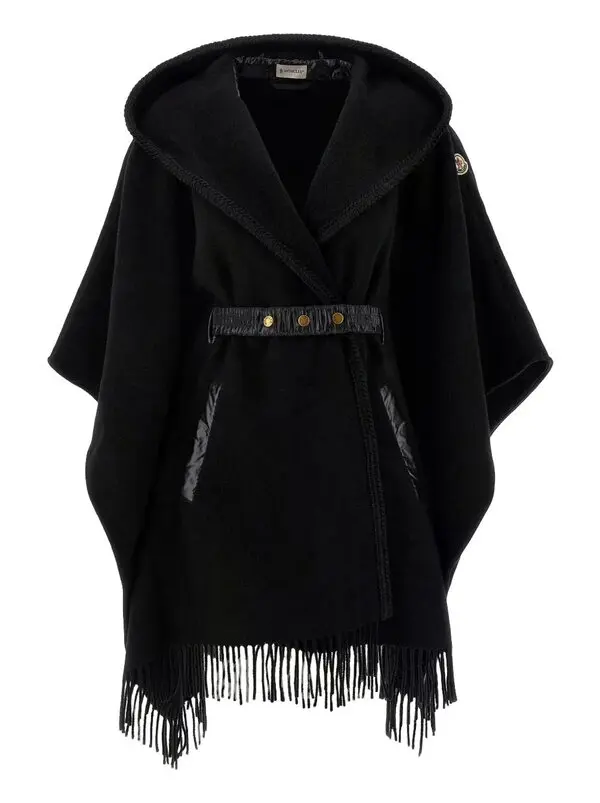 Moncler Hooded Fringed Cape - Black