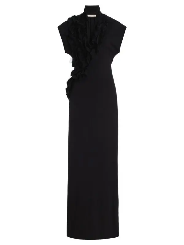 COLLEEN ALLEN Ruffled-trim Cotton-blend Maxi Dress - Black