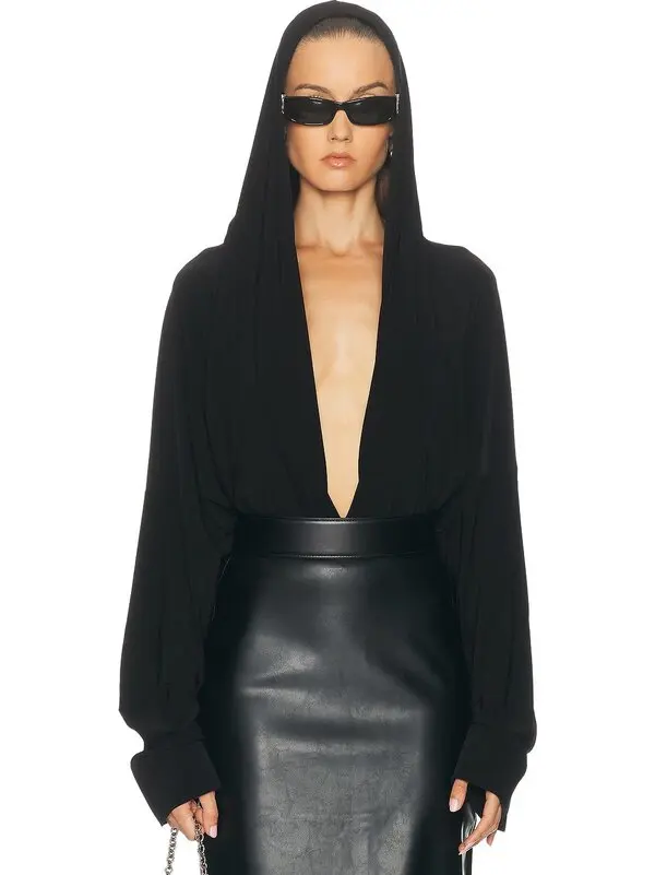 Norma Kamali Hooded Oversized Boyfriend Shirt Bodysuit - Black