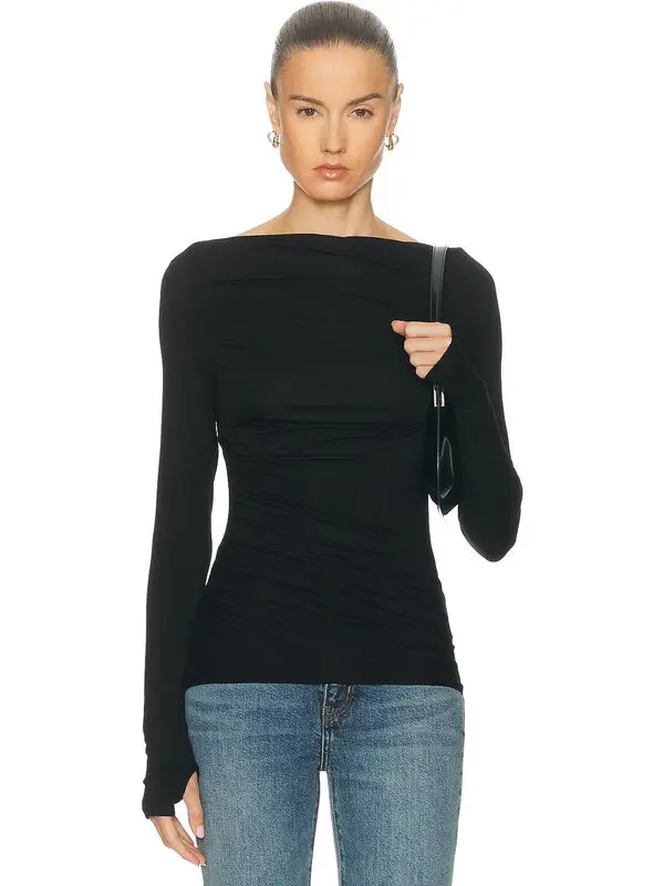 Enza Costa Fluid Jersey Sleeveless Draped Boatneck Top - Black