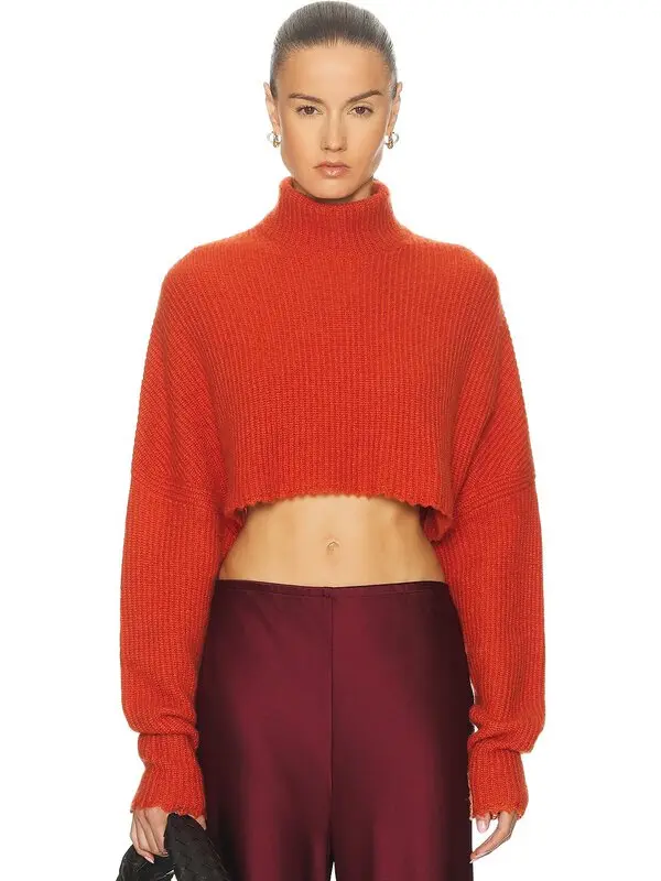 Lapointe Cashmere Silk Ribbed Crop Turtleneck Sweater - Carnelian