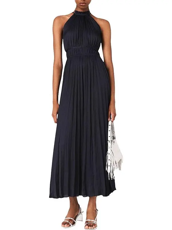 Maje Revilly Pleated Satin Maxi Dress - Navy