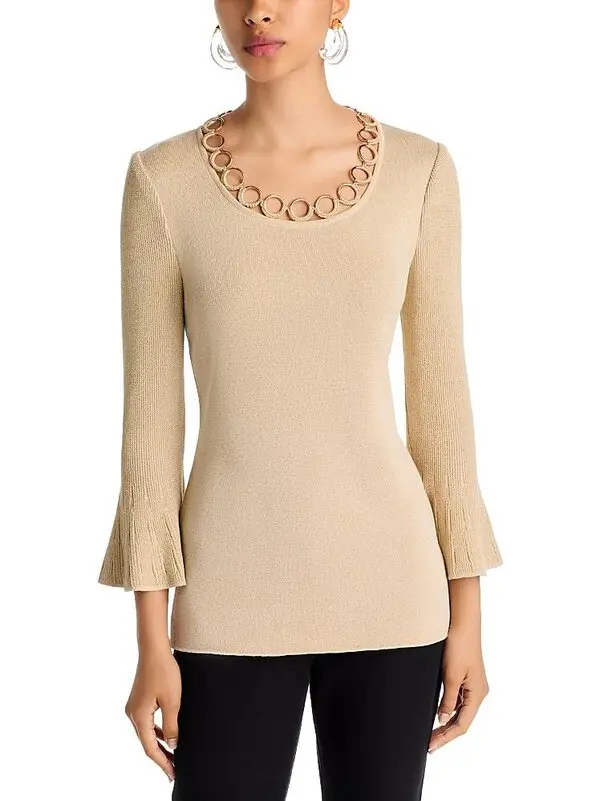 Misook Bell Sleeve Knit Tunic - Biscotti/gold
