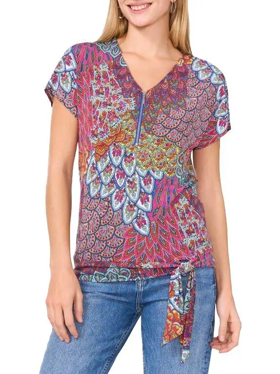 Chaus Peacock Print Zip Front Top - Trop Palm