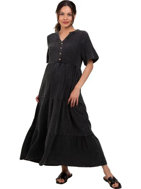 PINKBLUSH Button Front Tiered Maxi Dress - Black