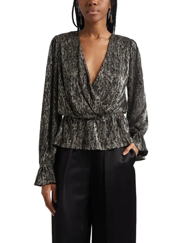 Ramy Brook Metallic Lame Faux Wrap Top - Black Animal Lame