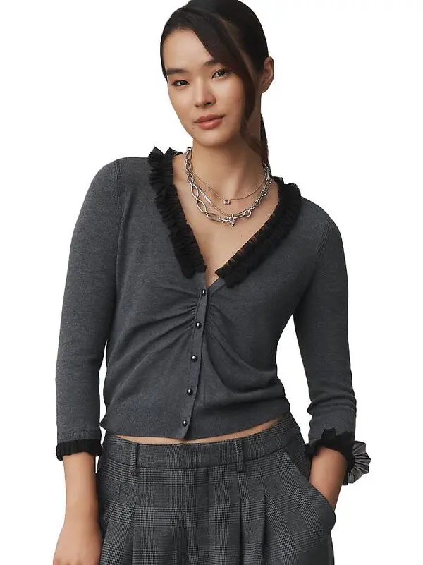Maeve Ruched & Ruffled Cardigan Sweater - Dark Grey