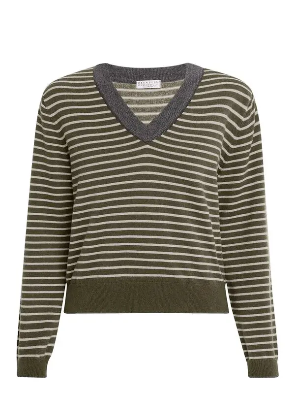 Brunello Cucinelli Striped Wool-cashmere V-neck Sweater - Cln48 Pistachio