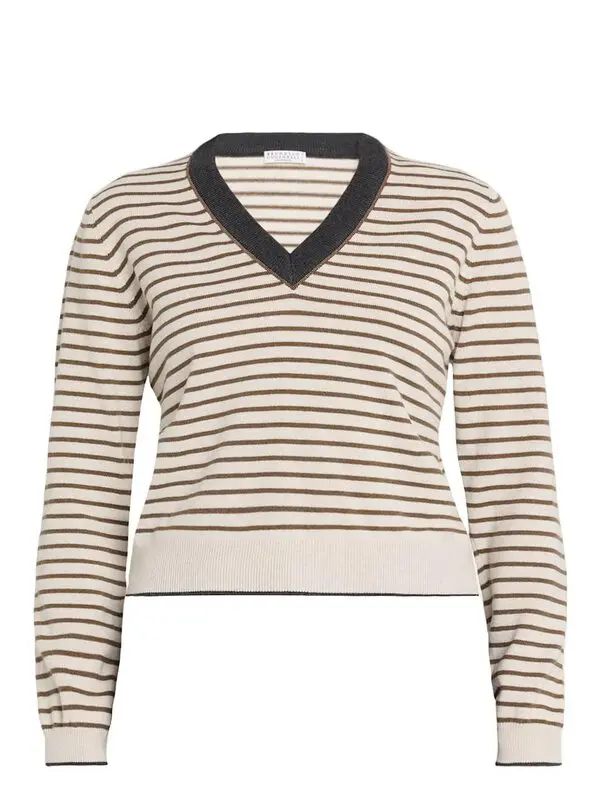 Brunello Cucinelli Striped Wool-cashmere V-neck Sweater - Pearl