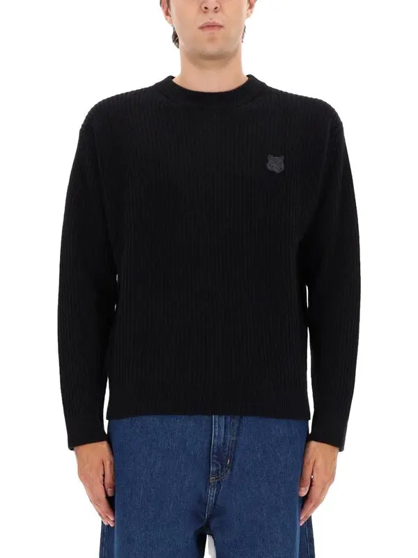 Maison Kitsuné Ribbed Knit Sweater With Fox Patch - Black