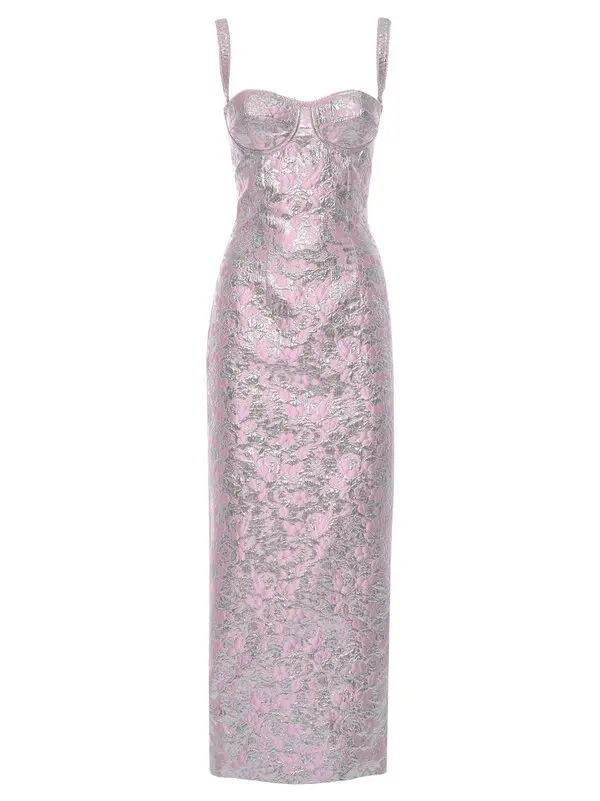 DES_PHEMMES Floral Jacquard Bustier Midi Dress - Pink