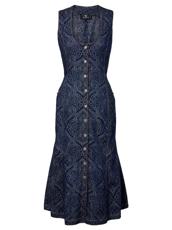 Etro Printed Denim Midi Dress - Blue