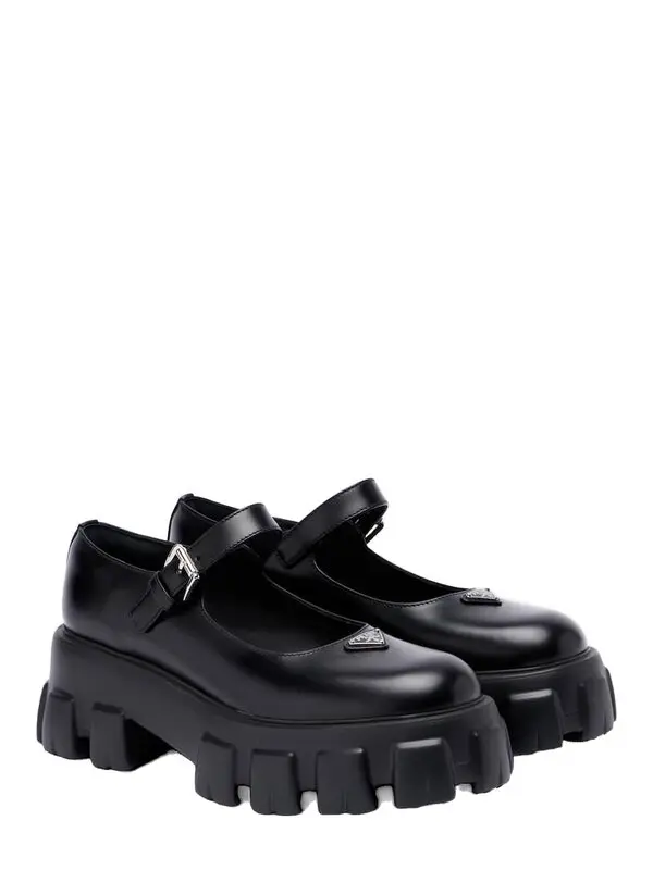 Prada Monolith Leather Mary Jane Flats - Black