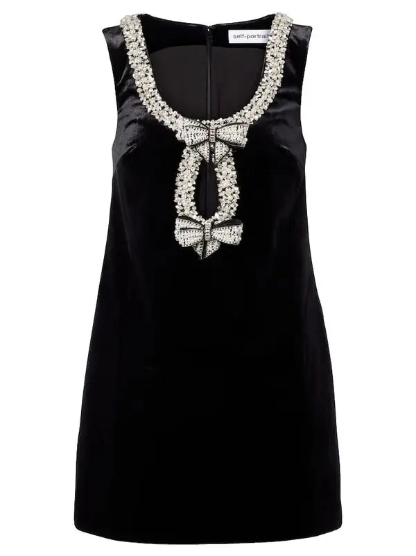 SELF-PORTRAIT Crystal-embellished Velvet Mini Dress - Black