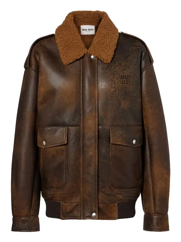 Miu Miu Shearling-trimmed Leather Blouson Jacket - Brown
