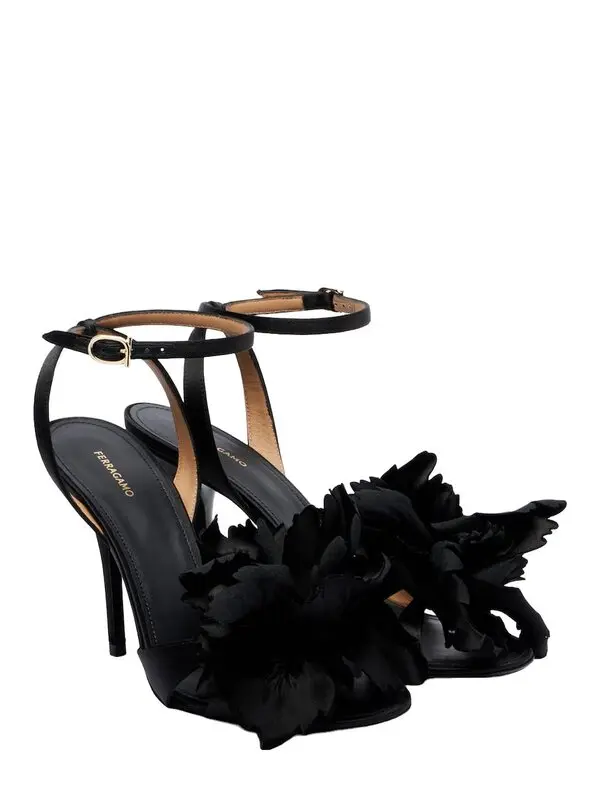 FERRAGAMO Floral-appliqué Satin Sandals - Black